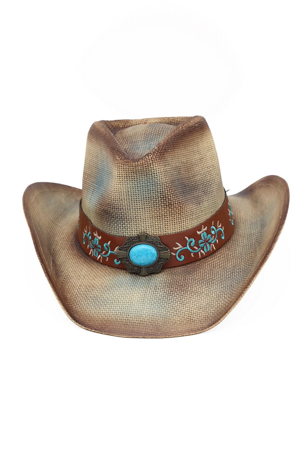 WASHED STRAW COWBOY HAT WITH TURQUOISE ACCENT AND UNDERSIDE PATTERN DE ...