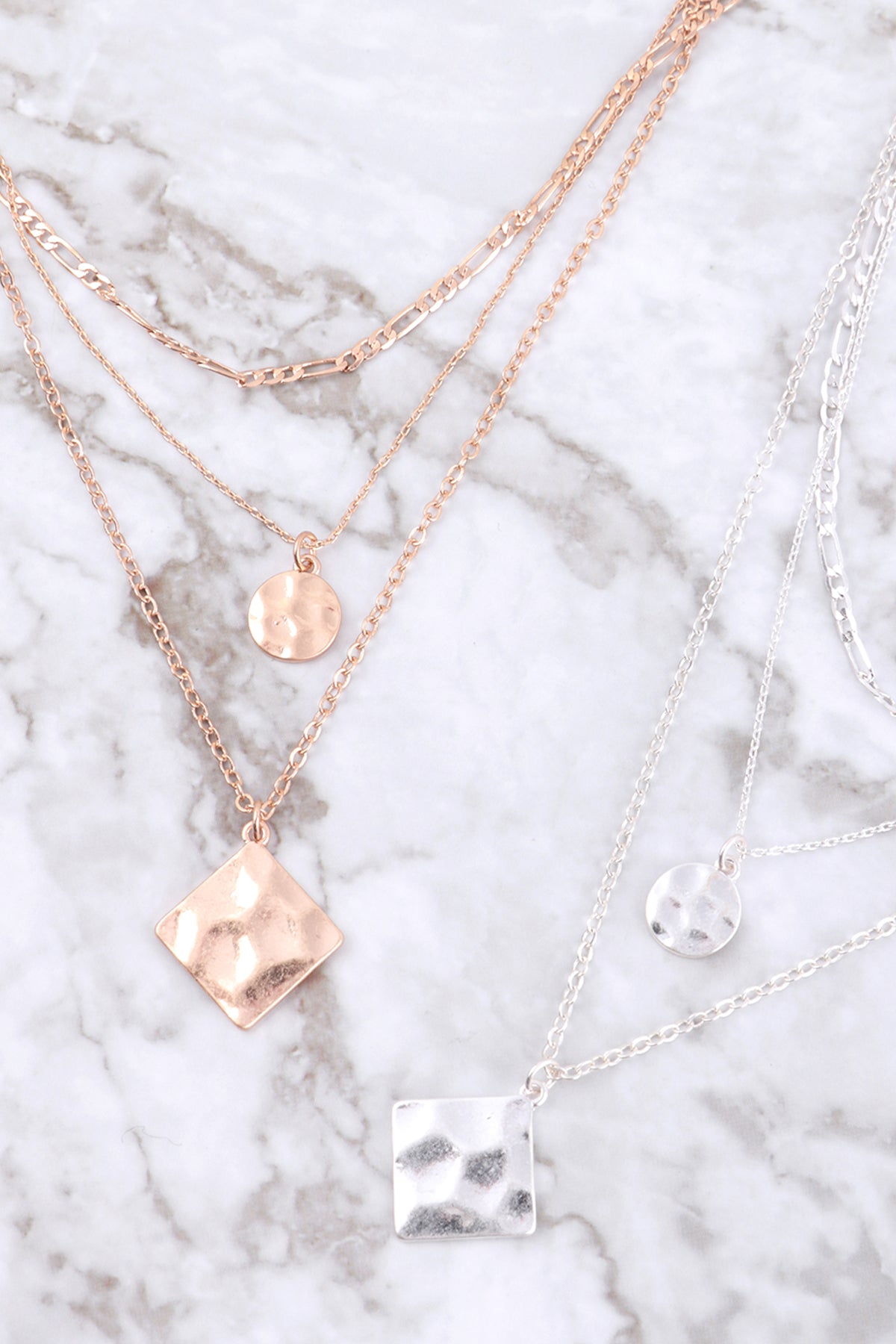 HAMMERED GEOMETRIC SHAPE PENDANT 3 LAYERED NECKLACE – MYS Wholesale